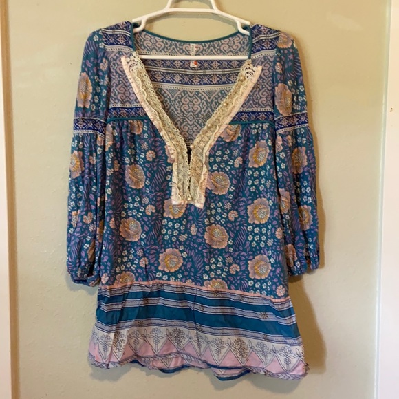 Free People | Tops | Free People Small Blue Floral Boho Top | Poshmark